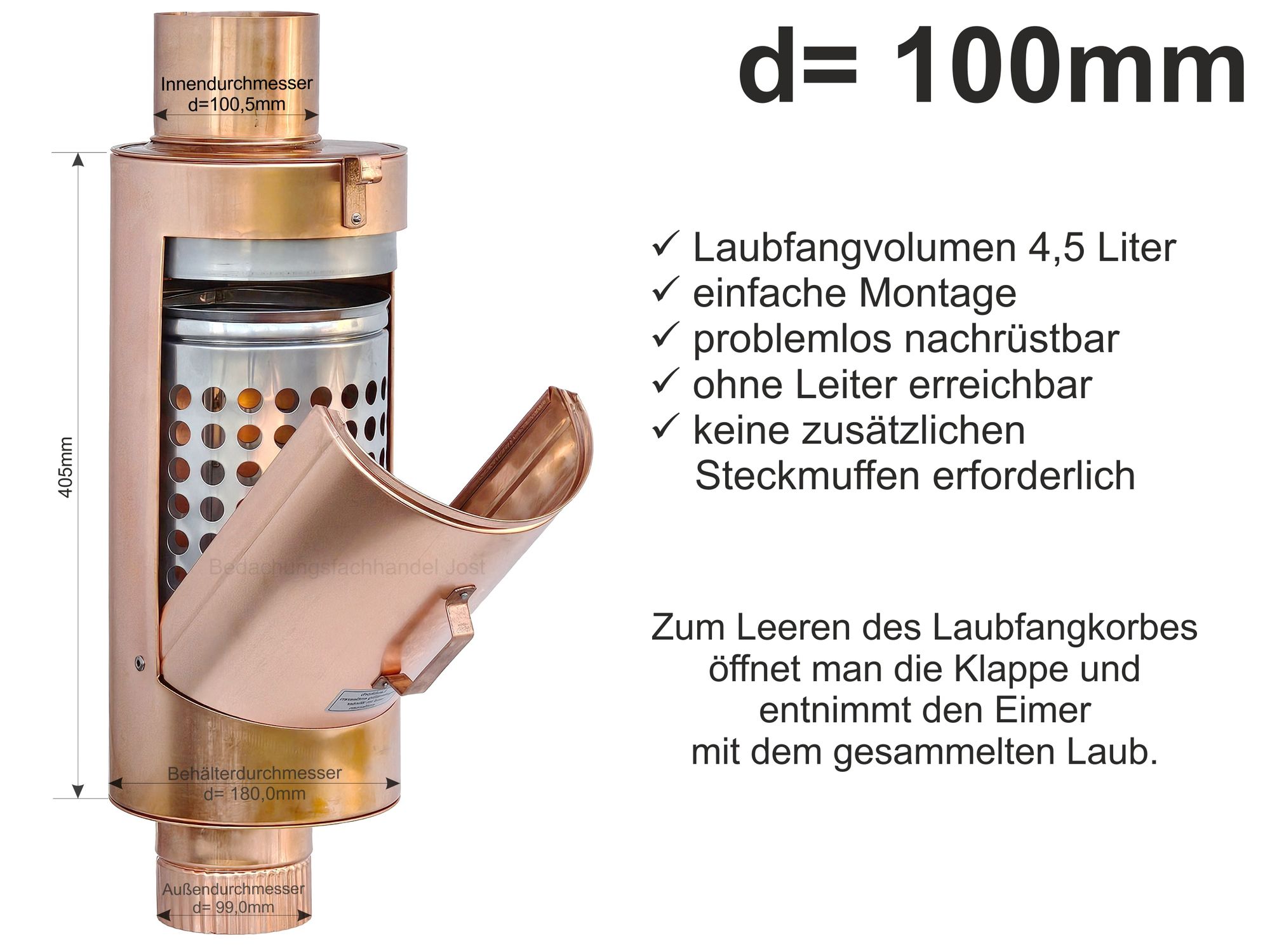 Kupfer Fallrohr Laubfang MEGA L5 d=100mm Laubfänger, Laubfangkorb ...