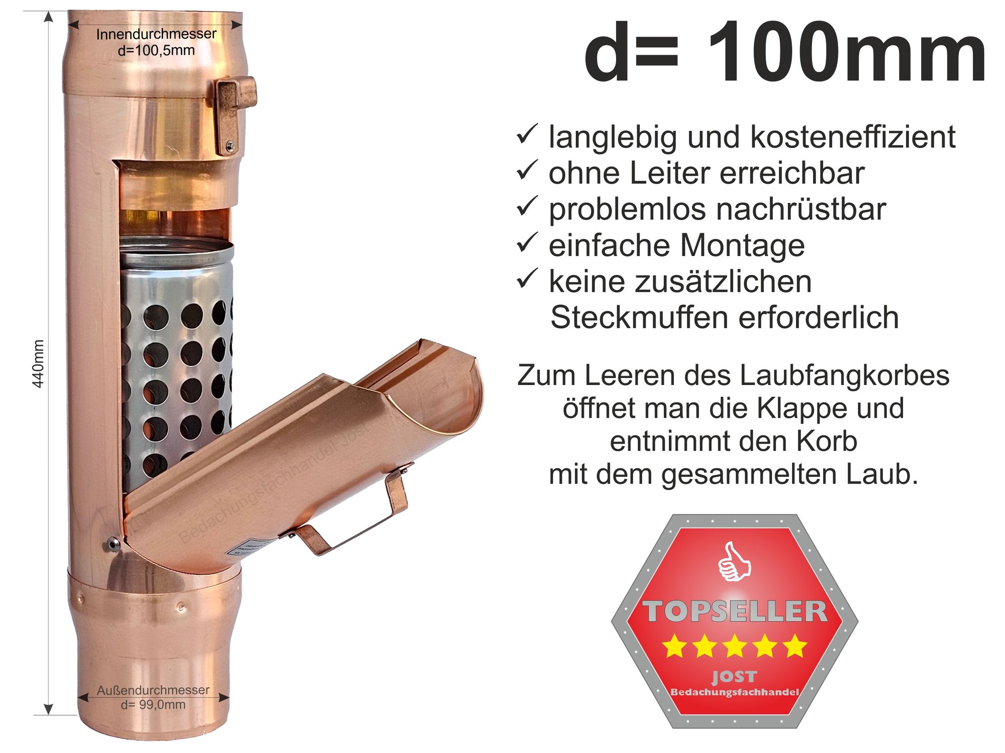 Kupfer Fallrohr Regenrohrklappe Classic d=100mm V2A Laubfangkorb ...