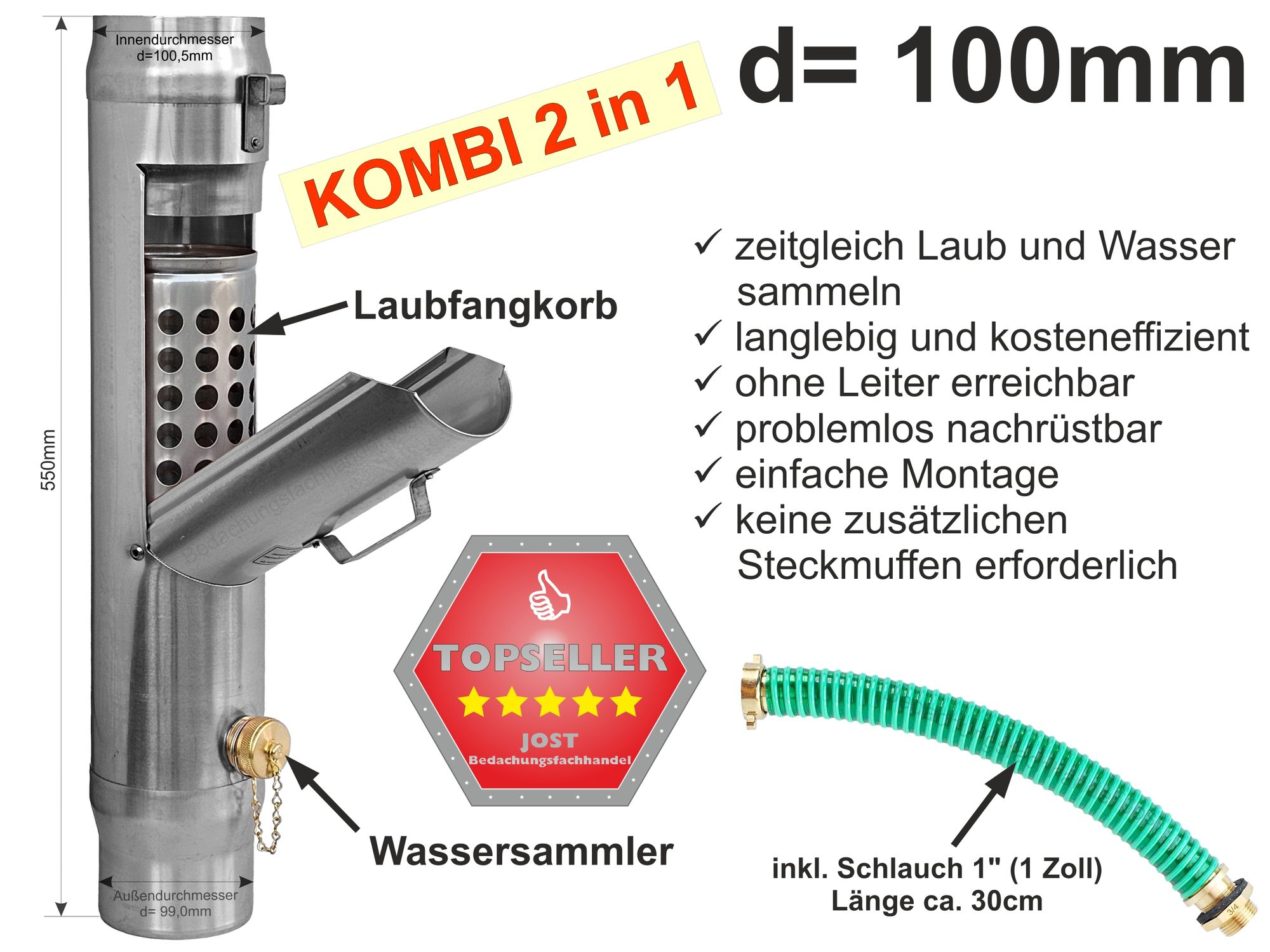 Zink Fallrohr Kombi Regensammler frostbeständig + Laubfang d=100mm ...
