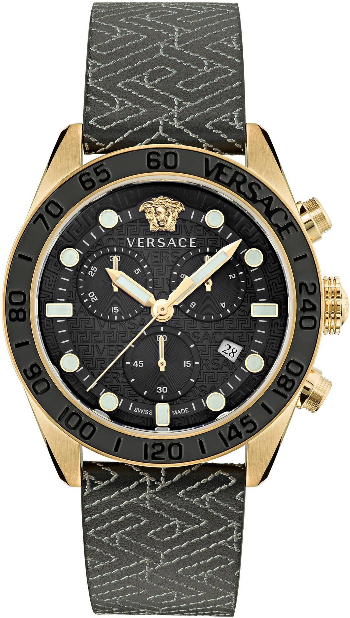 Versace Herren Armbanduhr 43 mm Armband Lederarmband schwarz GRECA DOME ...