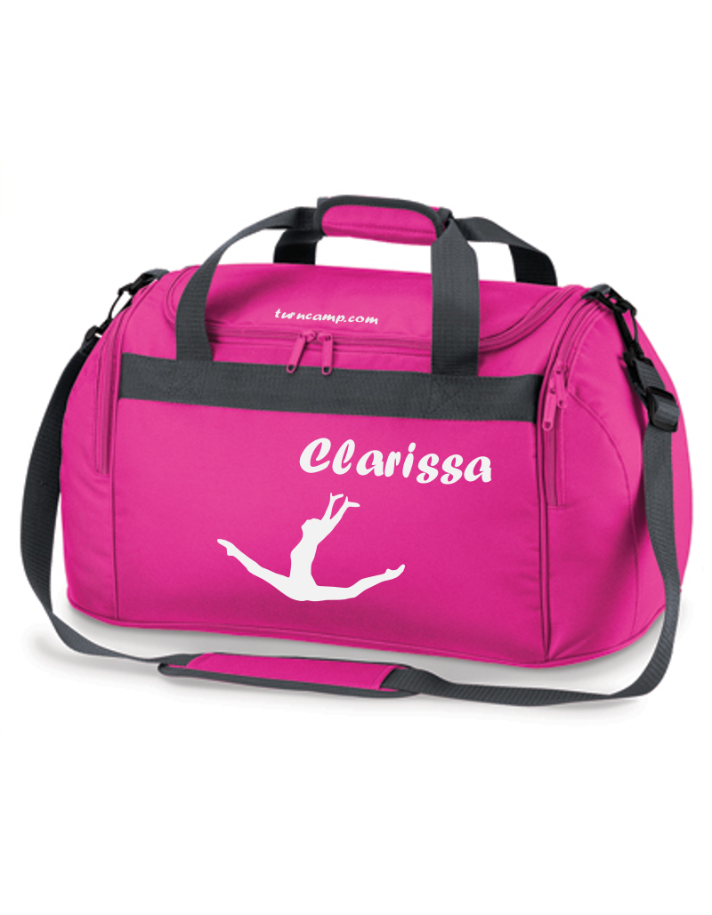 fuchsia Sporttasche mit Turnmotiv 'Spagatsprung' und Wunschname T ...