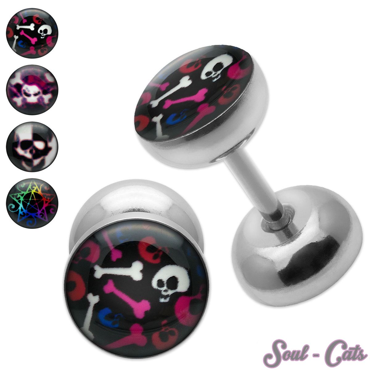 1 Paar Fake Plugs aus Edelstahl Motiv Skull Ohrringe rosa schwarz ...