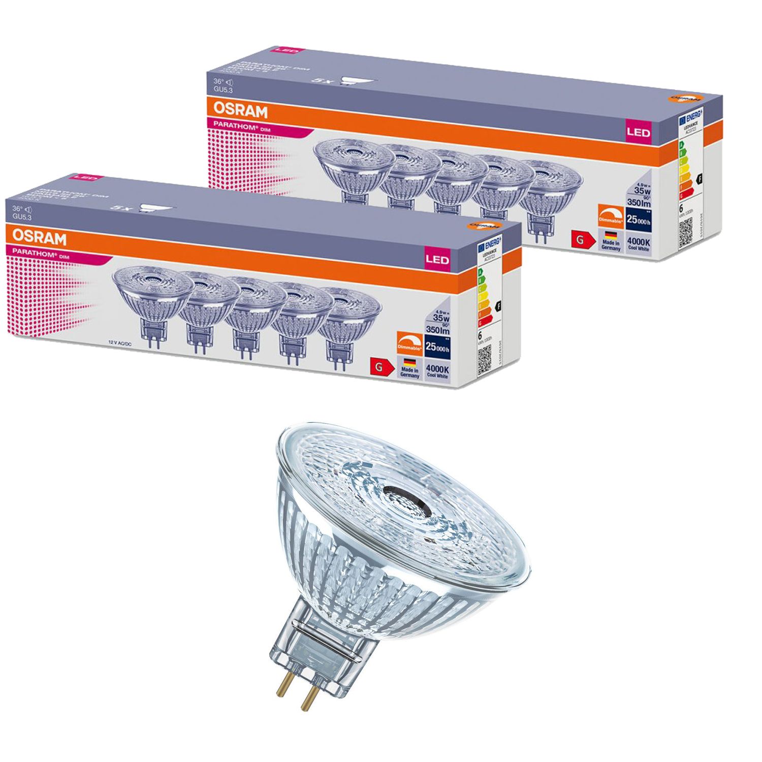10x Osram LED 4000K 12V Leuchtmittel MR16 4.9W/940 36º GU5.3 350 lumen dimmbar Ø5cm Cri90 ...