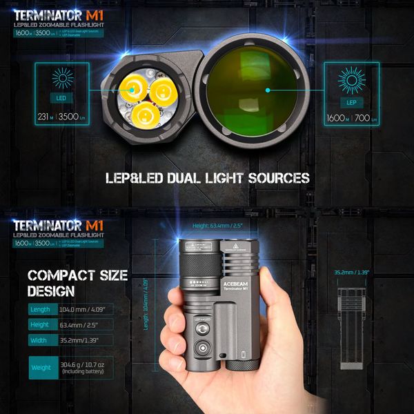 AceBeam LEP/LED Taschenlampe Terminator M1 Doppelkopf 3'500lm 1'600m 6'500K | SES Online Store