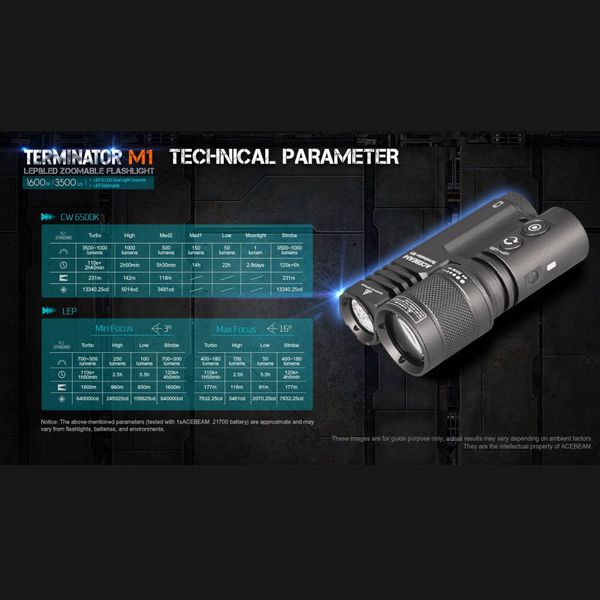 AceBeam LEP/LED Taschenlampe Terminator M1 Doppelkopf 3'500lm 1'600m 6'500K | SES Online Store