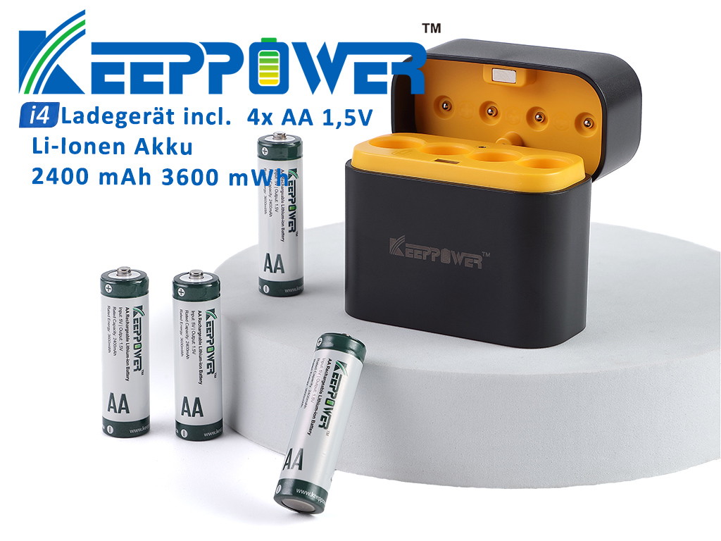Keeppower I4 charger with 4× 1.5V AA Li-Ion batteries (3600mWh) - USB-C input | akkuteile.de