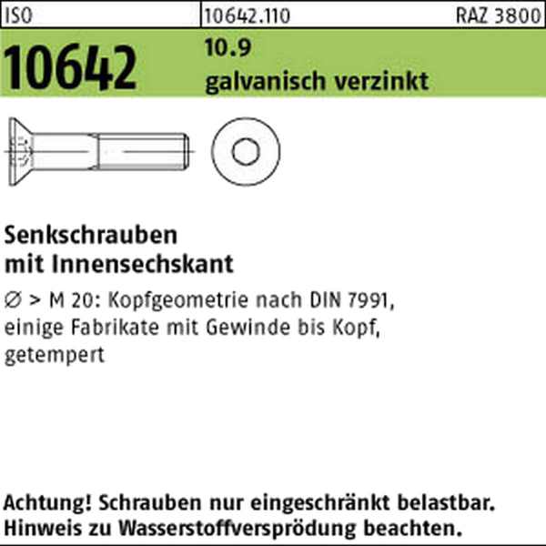 M20 ISO 10642 10.9 galv. Zn Senkschrauben mit Innensechskant DIN 7991
