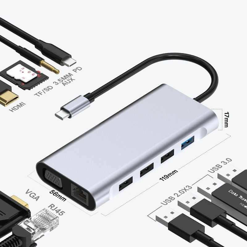 Multi USB-Hub 11in1 USB-C USB-A HDMI 4K TF/SD AUX VGA RJ45 | MobileMagic.ch