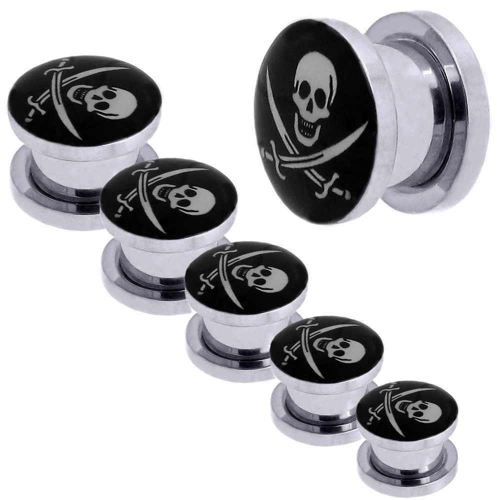 Set distenditore acciaio inox tunnel plug piercing orecchio teschio ...