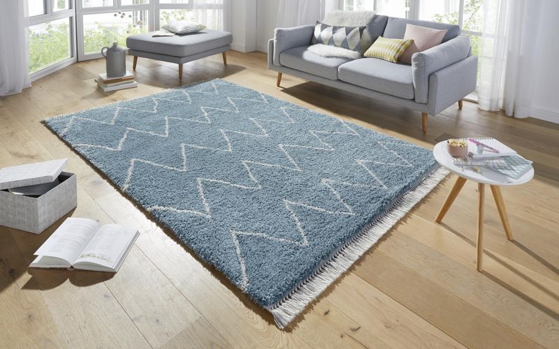 Design Teppich Hochflor Ruby Blau mit Fransen MINT RUGS Desire